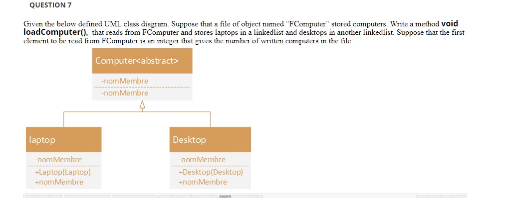 SOLVED: QUESTION 7 Given the below defined UML class diagram, suppose that a file of objects ...