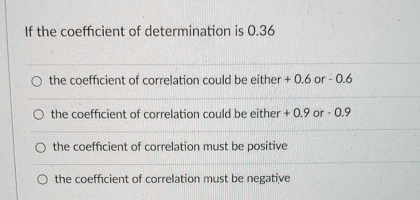 SOLVED: If the coefficient of determination is 0.36 the coefficient of ...