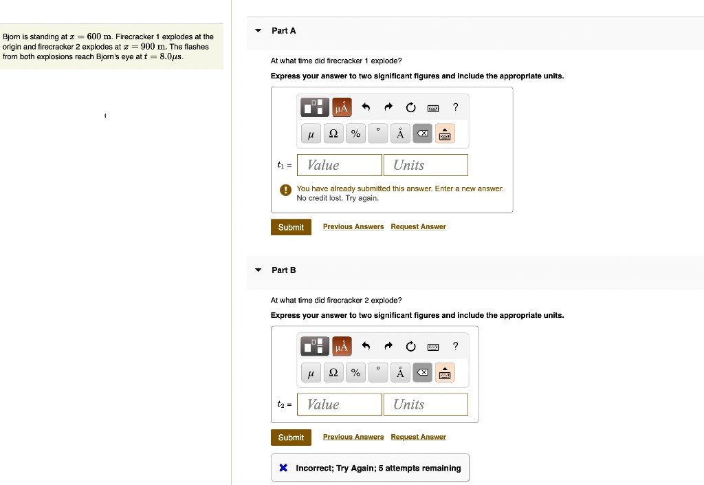 Part A Bjorn is standing at x = 600 m. Firecracker 1 explodes at the ...