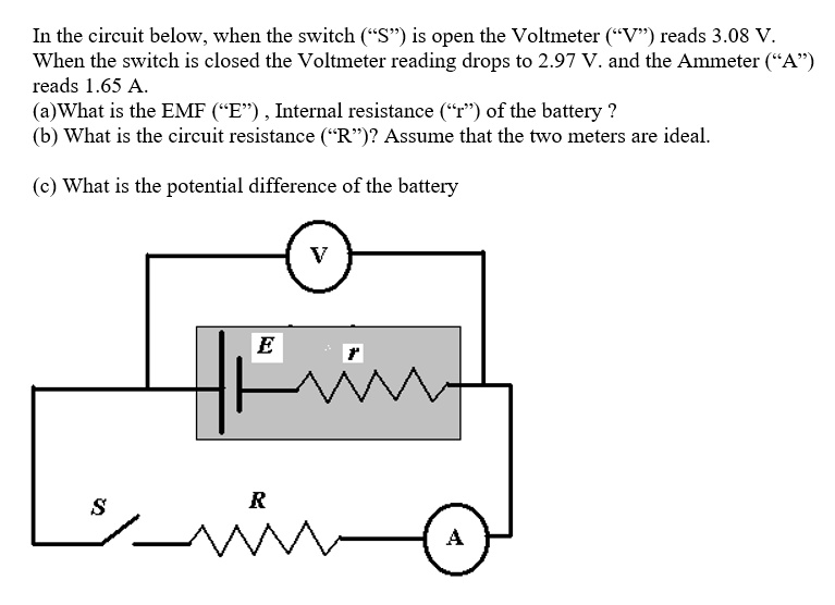 SOLVED: In the circuit below, when the switch "S" is open the Voltmeter V" reads 3.08 V. When ...