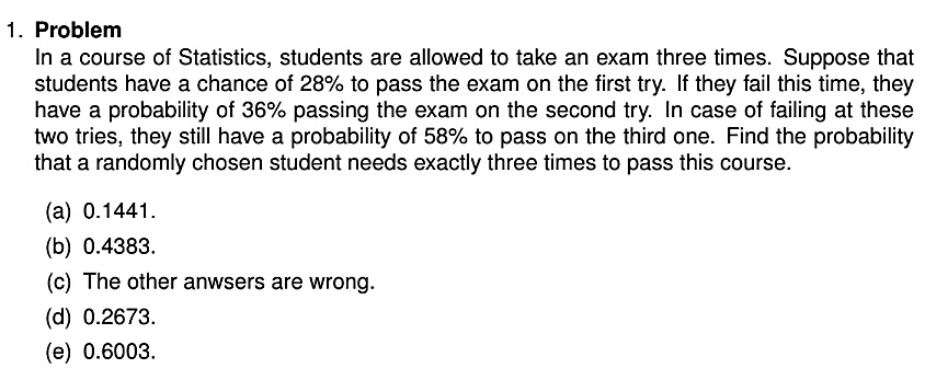 1. Problem In a course of Statistics, students are allowed to take an ...