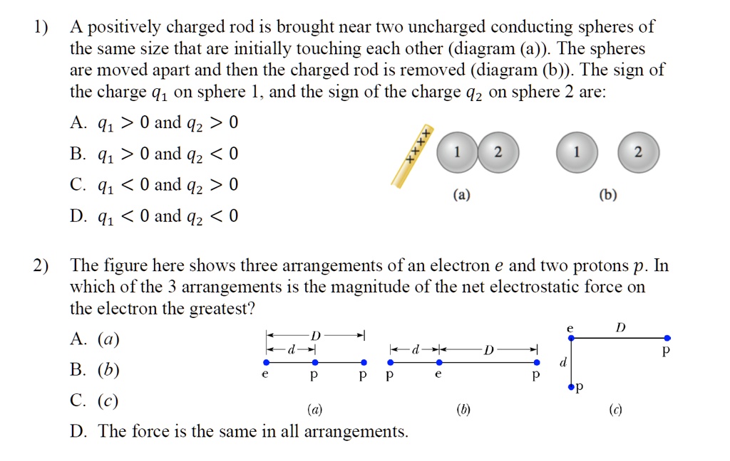 SOLVED: 1) A positively charged rod is brought near two uncharged conducting spheres of the same ...