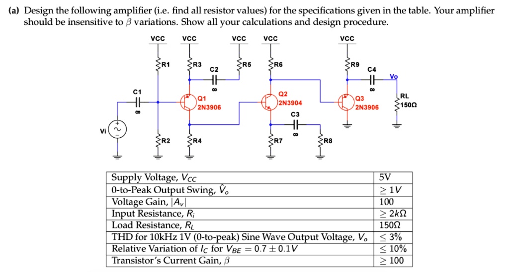 (a) Design the following amplifier (i.e. find all resistor values) for ...