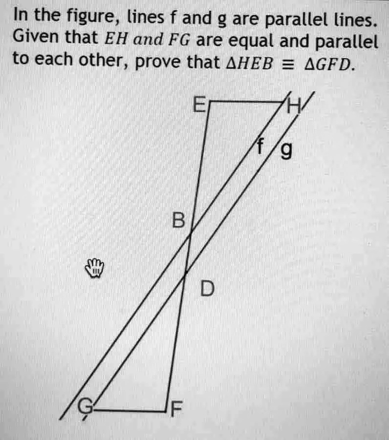 SOLVED: In the figure, lines f and g are parallel. Given that EH and FG are equal and parallel ...