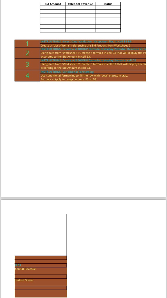 Bid Amount Potential Revenue Status INSTRUCTIONS: Insert Data ...