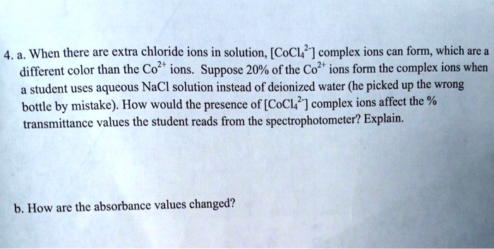 SOLVED: a. When there are extra chloride ions in solution, [CoCl2 ...