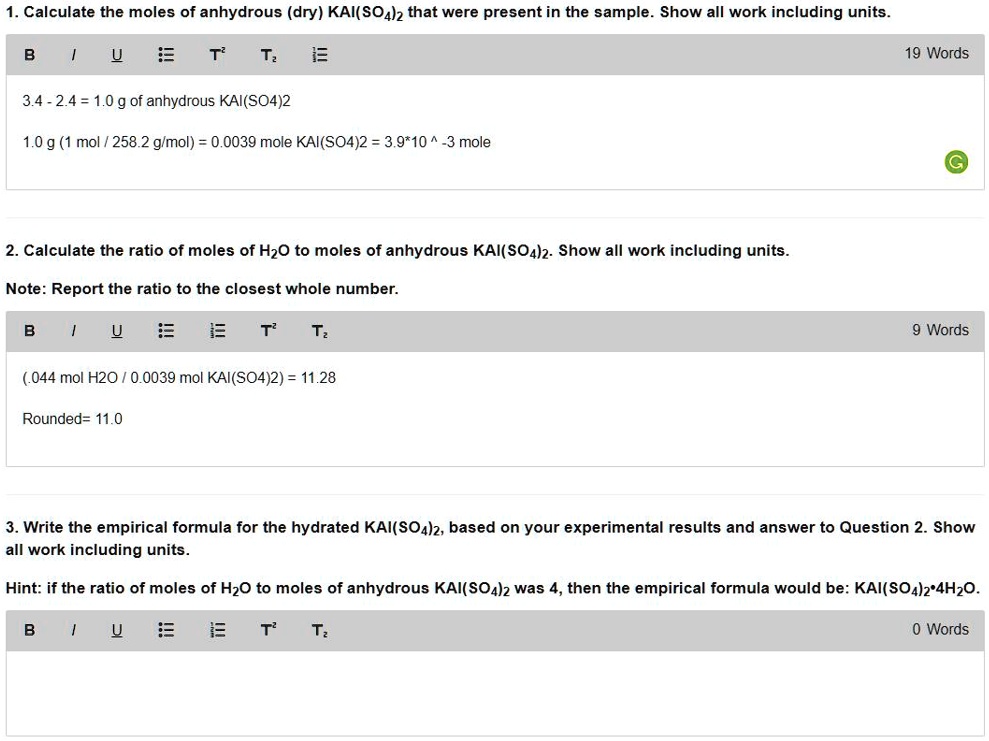 calculate the moles of anhydrous dry kaiso4l2 that were present in the sample show all work ...