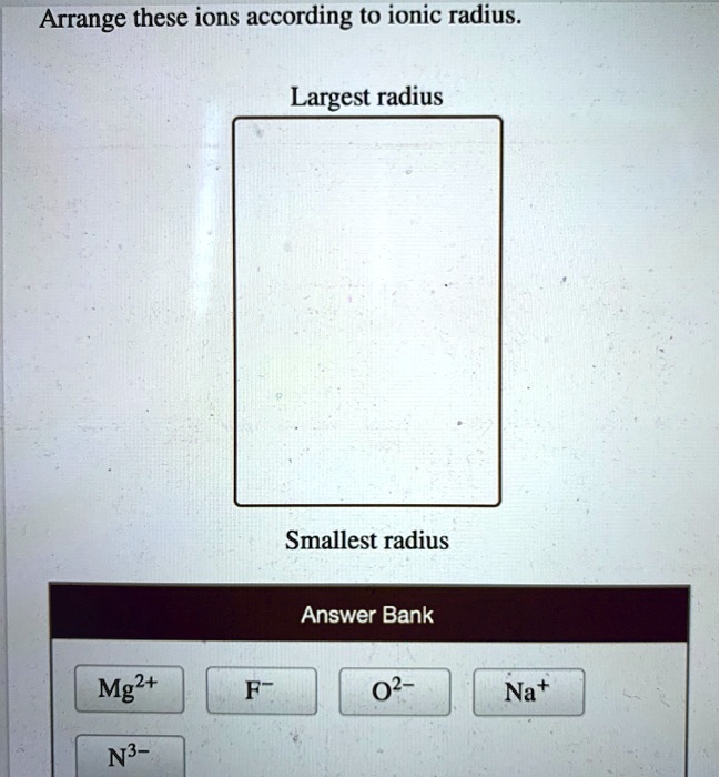 SOLVED: Arrange these ions according to ionic radius. Largest radius ... SOLVED: Arrange these ions according to ionic radius. Largest radius ...
