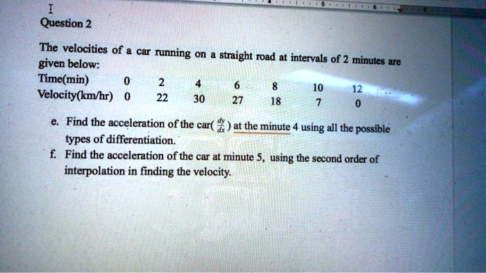 I Question 2 The velocities of a car running on a straight road at ...