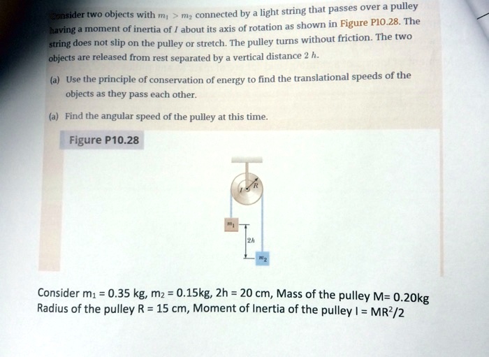Consider two objects with m1 > m2 connected by a light string that passes over a pulley having a ...