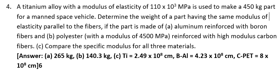 SOLVED: 4. A titanium alloy with a modulus of elasticity of 110 x 103 ...