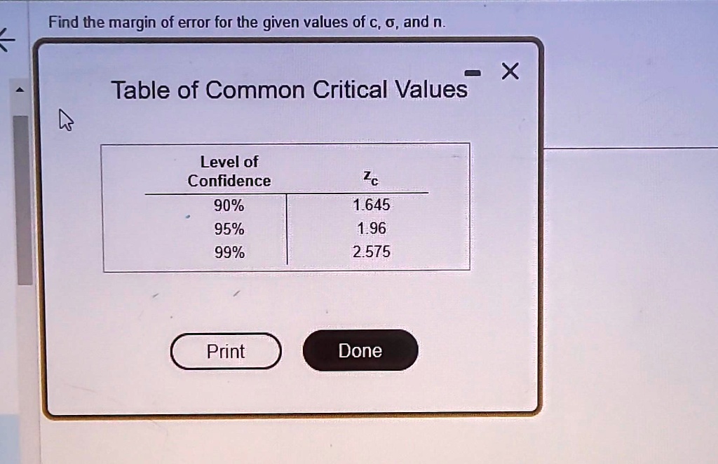 Find the margin of error for the given values of c, σ, and n. Table of Common Critical Values ...