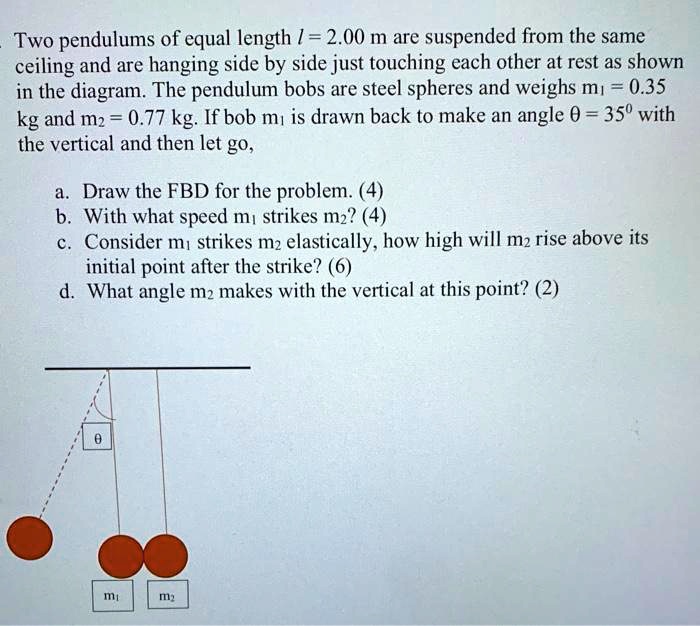 SOLVED: Two pendulums of equal length / = 2.00 m are suspended from the same ceiling and are ...