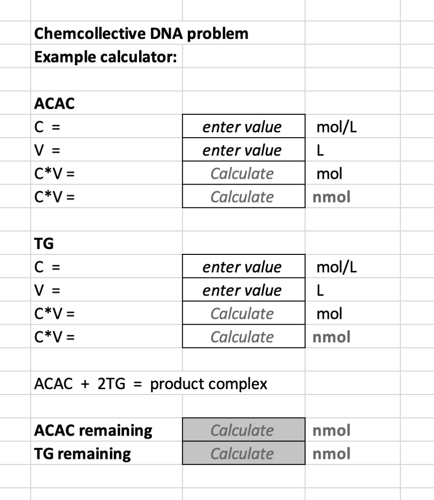 SOLVED: Chemcollective DNA problem Example calculator: ACAC C V = C*V ...