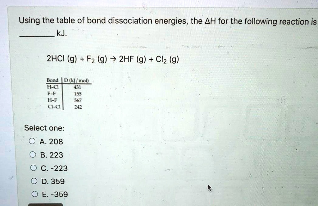 using the table of bond dissociation energies the ah for the following ...
