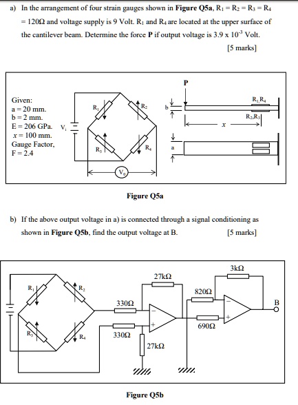 SOLVED: a) In the arrangement of four strain gauges shown in Figure Q5a, R1 = R2 = R3 = R4 = 120 ...
