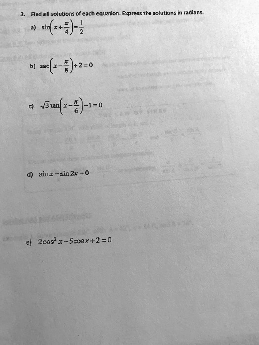 SOLVED: Find all solutions of each equation. Express the solutions in radians: sin(x+4)-3 = 0 ...