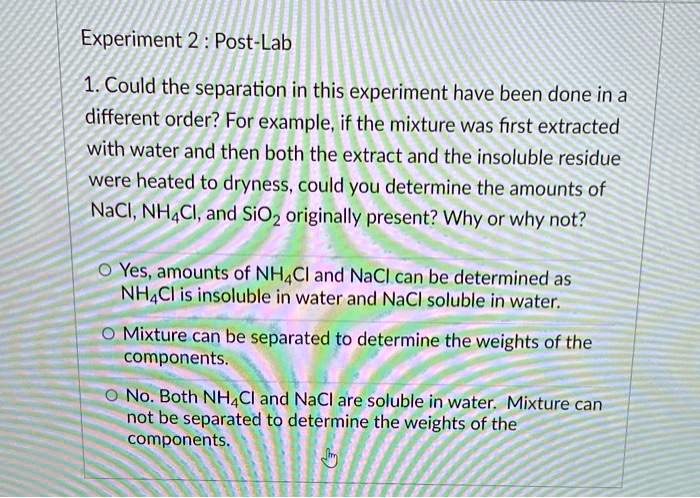 SOLVED: Experiment 2 Post-Lab Could the separation in this experiment ... SOLVED: Experiment 2 Post-Lab Could the separation in this experiment ...