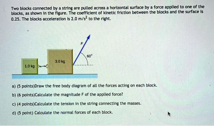 two blocks connected by string are pulled across horizontal surface by force applied to one of ...