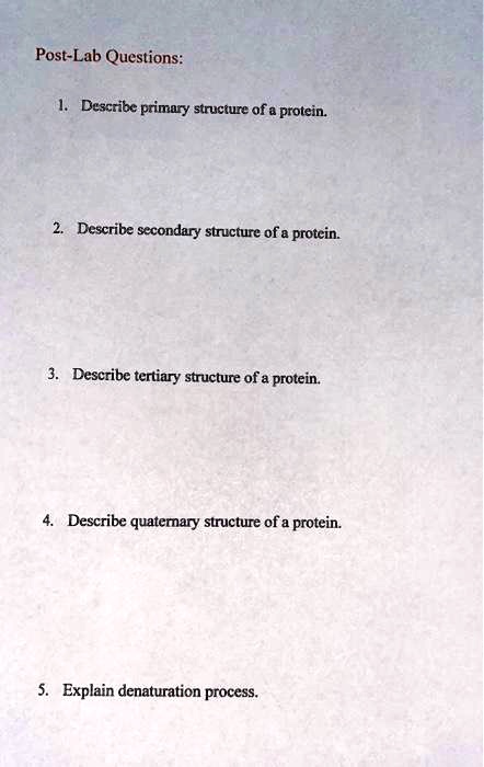 Post-Lab Questions: 1. Describe primary structure of a protein. 2 ...