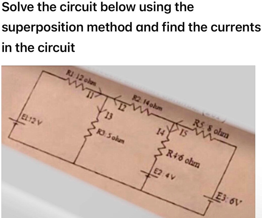 Solve the circuit below using the superposition method and find the currents in the circuit ...