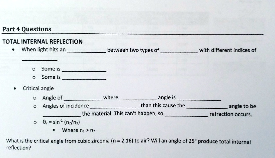 SOLVED: Part 4 Questions: TOTAL INTERNAL REFLECTION When light hits an ...