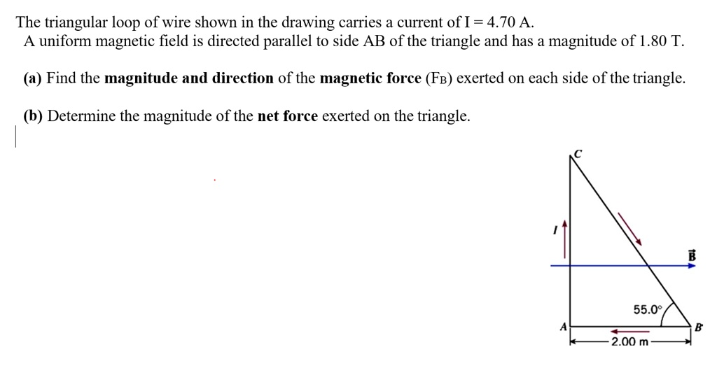 the triangular loop of wire shown in the drawing carries a current of ...
