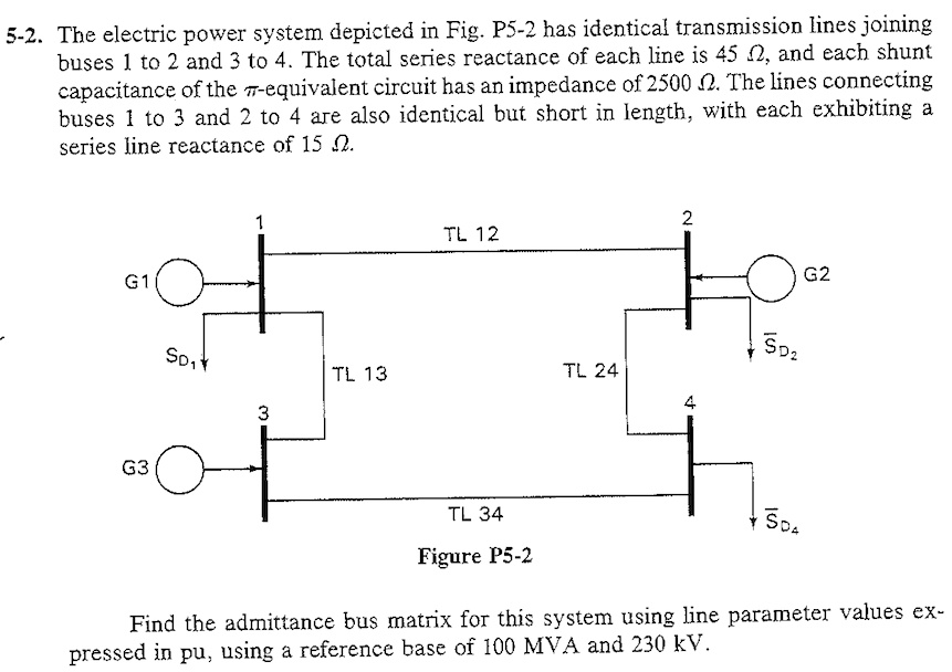 SOLVED: 5-2. The electric power system depicted in Fig. P5-2 has identical transmission lines ...