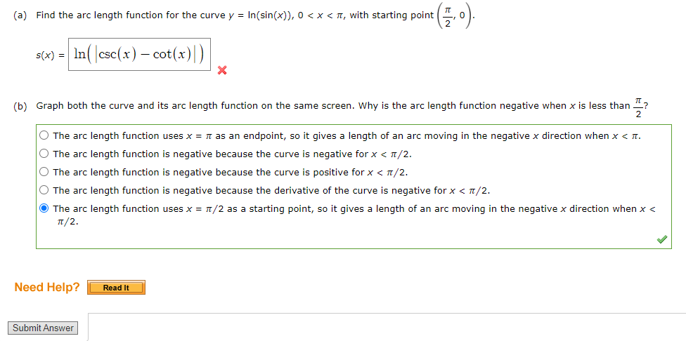 SOLVED: (a) Find the arc length function for the curve y=ln (sin (x)), 0