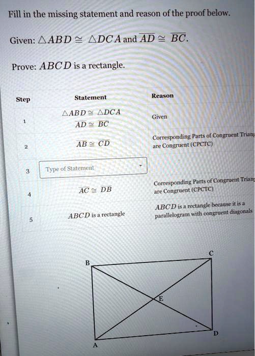 fill in the missing statement and reason of the proof below given aabd adc aand ad bc prove abc ...