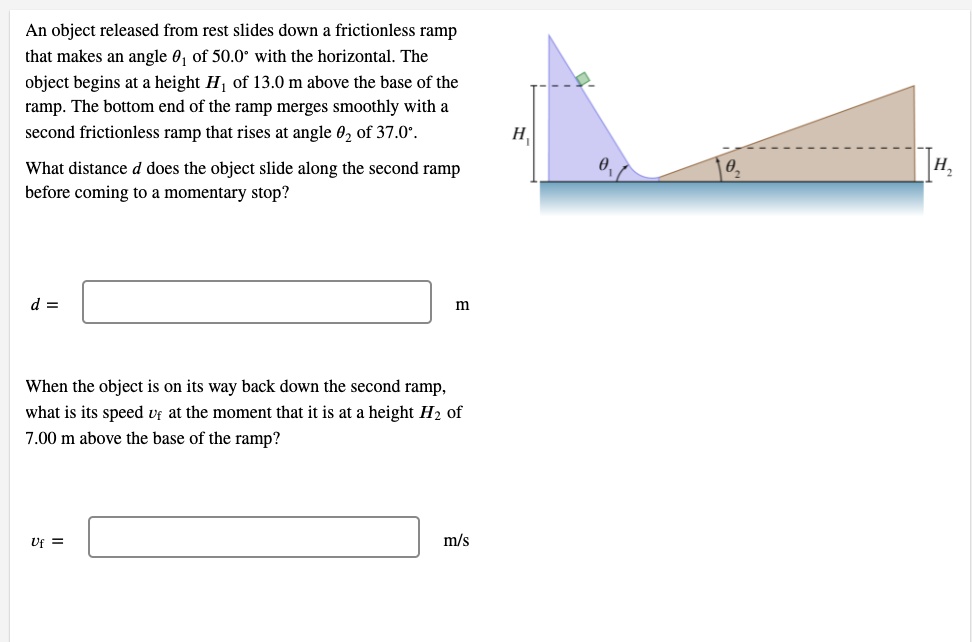 SOLVED: An object released from rest slides down frictionless ramp that makes an angle 01 of 50. ...