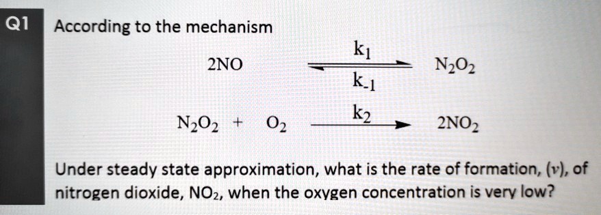 Q1 According to the mechanism 2NO k1⇌ k-1 N2O2 k2 N2O2 + O2 2NO2 Under steady state ...