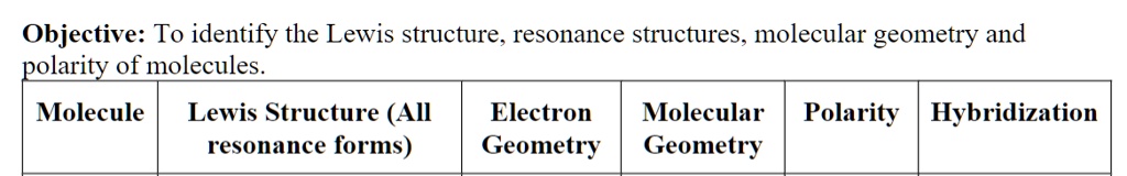 SOLVED: Objective: To identify the Lewis structure, resonance structures, molecular geometry and ...