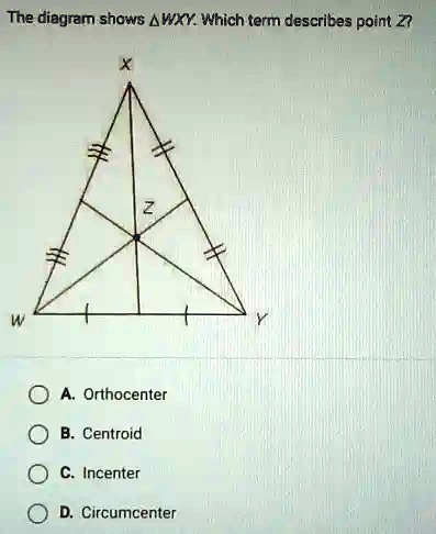 The diagram shows WXY. Which term describes point Z? A. Orthocenter B ...