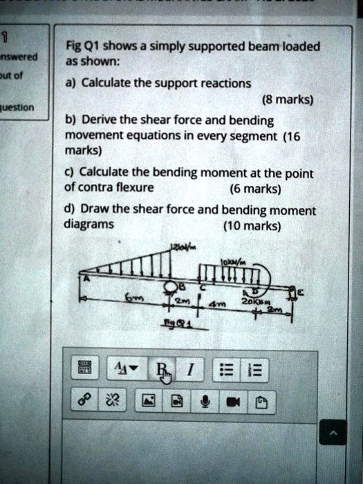 Fig Q1 shows a simply supported beam loaded as shown: a) Calculate the support reactions (8 ...