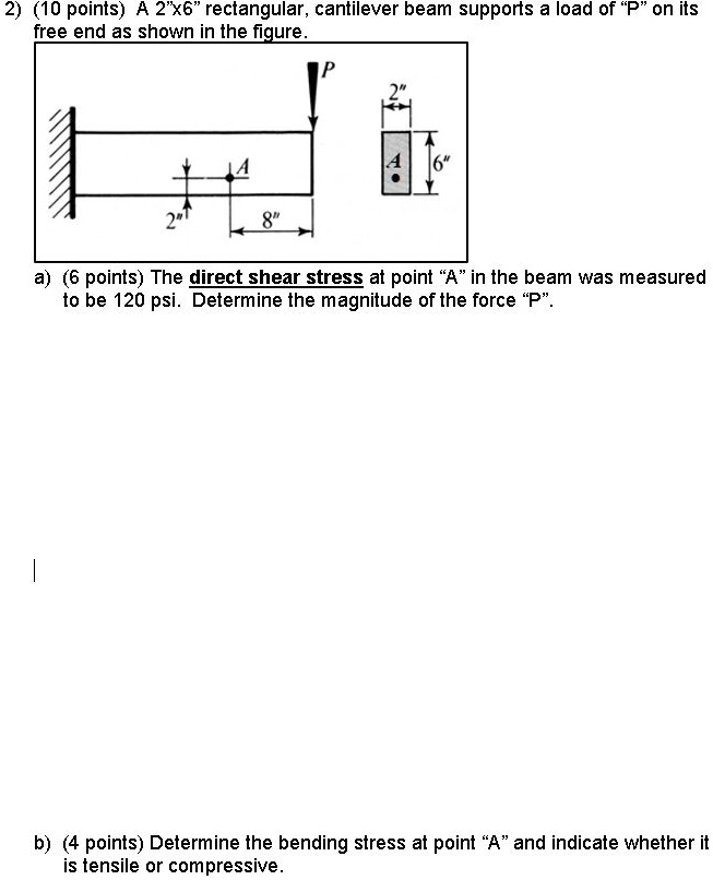2) (10 points) A 2"x6" rectangular, cantilever beam supports a load of ...