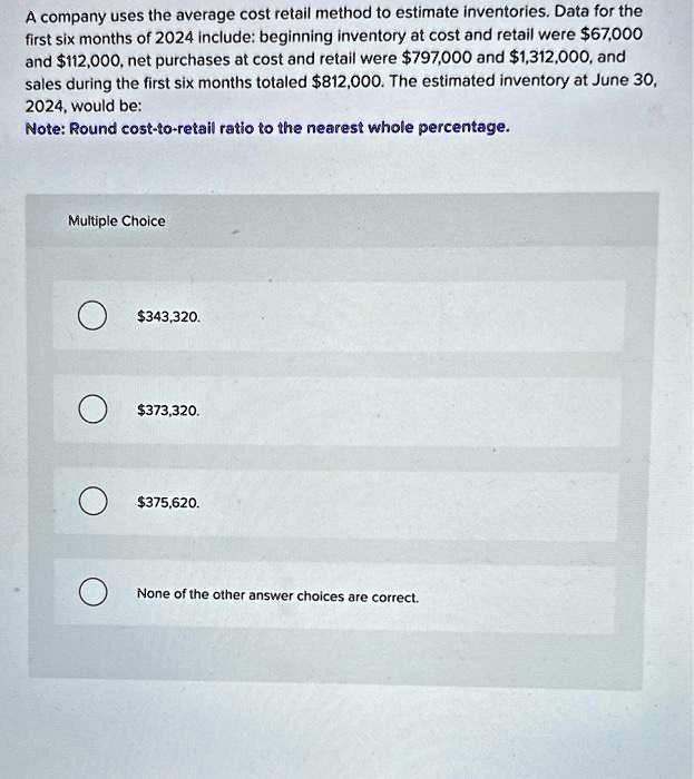 SOLVED: A company uses the average cost retail method to estimate ...