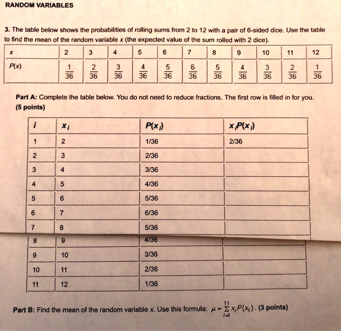 random variables 3 the table below shows the probabilities of rolling ...