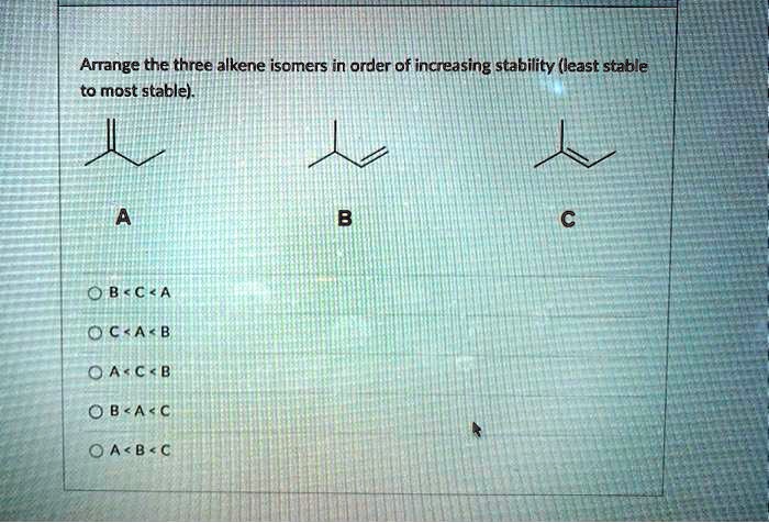 SOLVED: Arrange the three alkene isomers in order of increasing stability (least stable to most ...