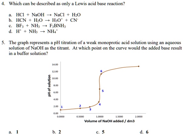 SOLVED: Which can be described as the only Lewis acid-base reaction? HCI + NaOH â†’ NaCI + H2O ...