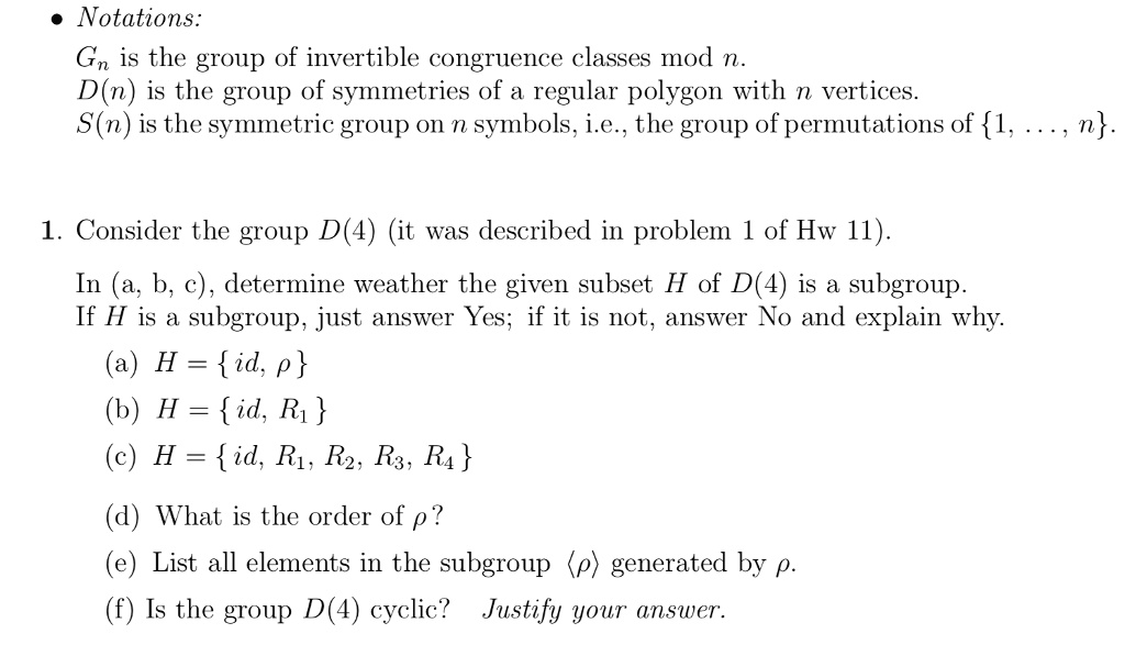 SOLVED: Notations: is the group of invertible congruence classes mod n ...