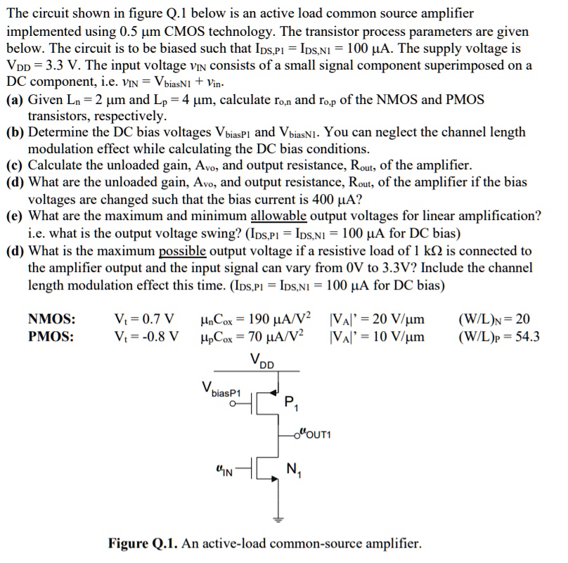 SOLVED: The circuit shown in Figure Q.1 below is an active load common-source amplifier ...