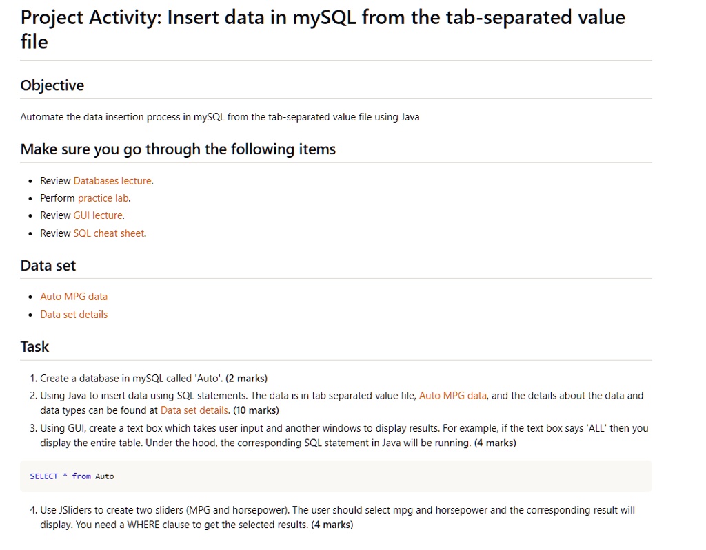 SOLVED: Texts: Use Java to solve Auto MPG data: https://github.com/d-khan/java/blob/main/project ...