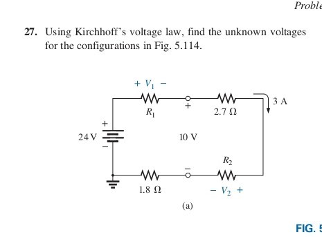 Proble 27. Using Kirchhoff's voltage law, find the unknown voltages for ...