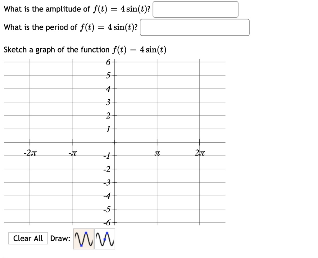 SOLVED: What is the amplitude of f(t) = 4 sin(t)? What is the period of f(t) = 4 sin(t)? Sketch ...