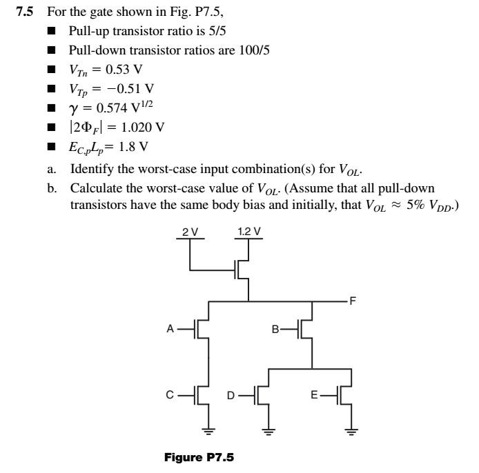 7.5 For the gate shown in Fig. P7.5, Pull-up transistor ratio is 5/5 ...
