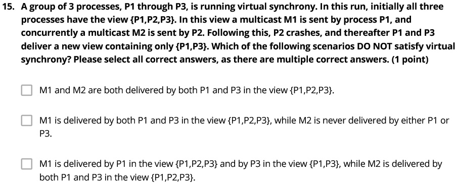 15. A group of 3 processes, P1 through P3, is running virtual synchrony ...