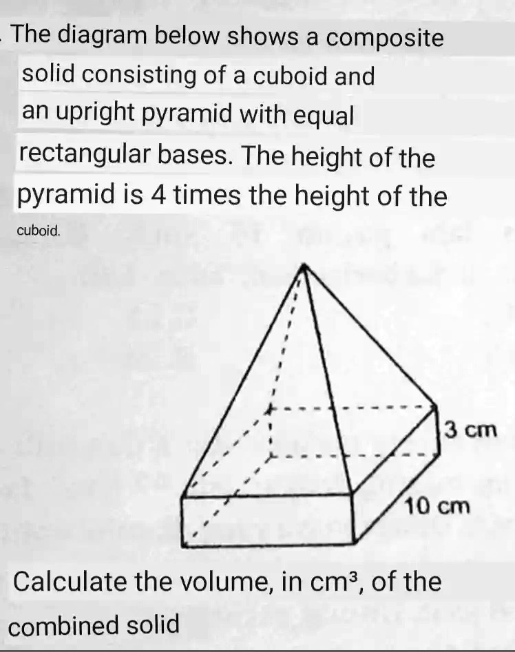 The diagram below shows a composite solid consisting of a cuboid and an upright pyramid with ...