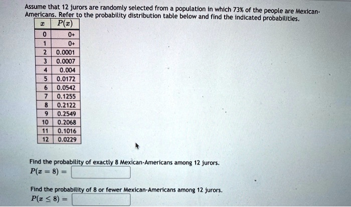SOLVED: Assume that 12 jurors are randomly selected from population in which 73% of the people ...