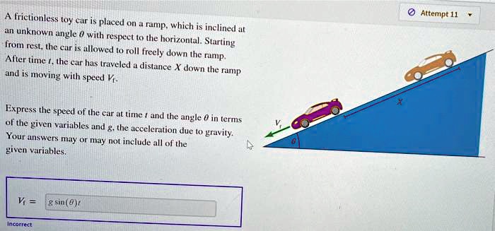 A frictionless toy car is placed on a ramp, which is inclined at an ...
